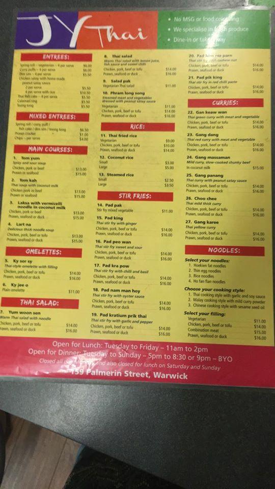 Menu at J.Y Thai restaurant, Warwick