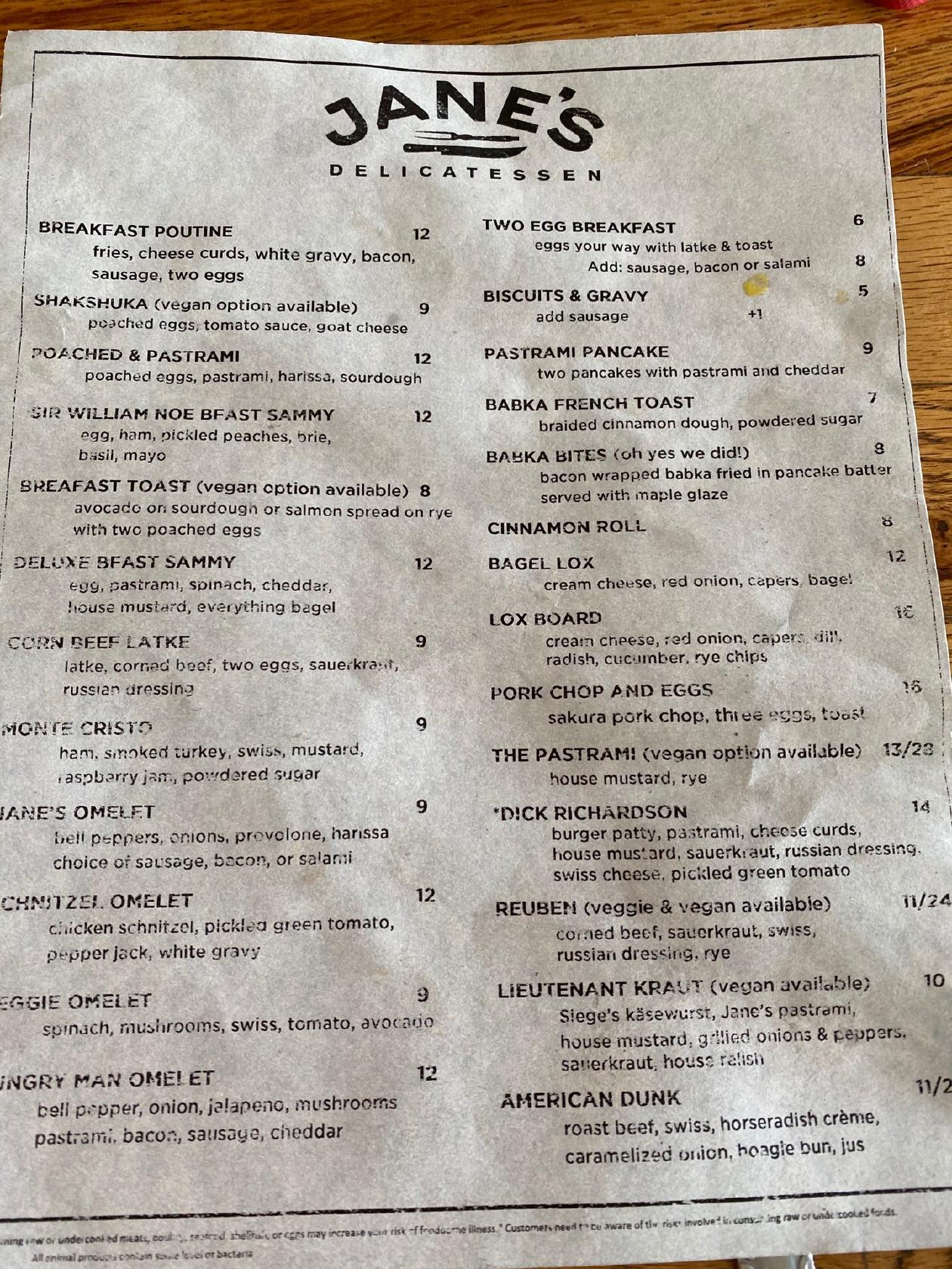 Menu at Jane's Delicatessen restaurant, Tulsa