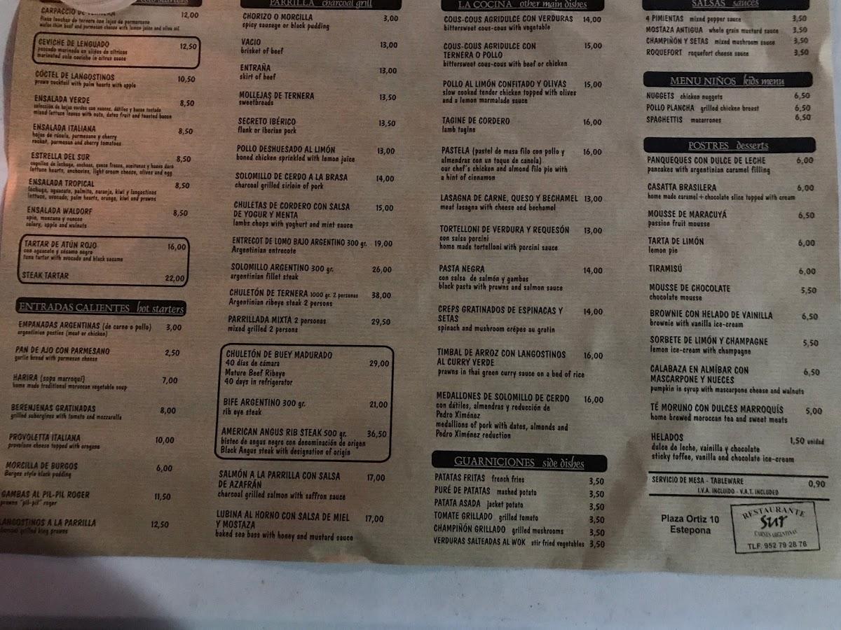 Menu at Restaurante Sur, Estepona