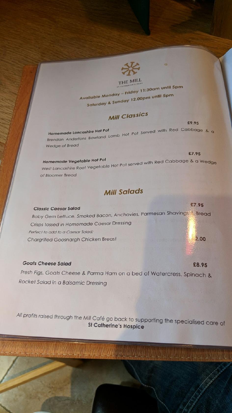 Menu at The Mill cafe, St Catherine's Park, Preston
