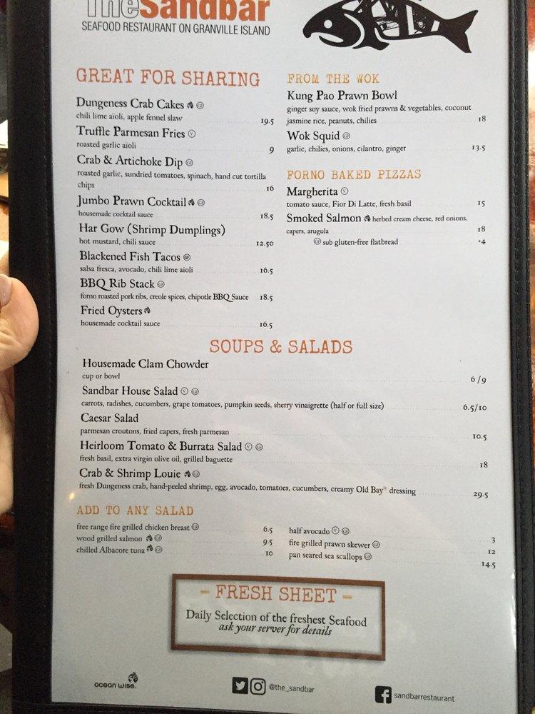 Menu at The Sandbar Seafood Restaurant, Vancouver