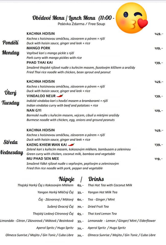 Menu at Yangon Burmese Restaurant, Prague