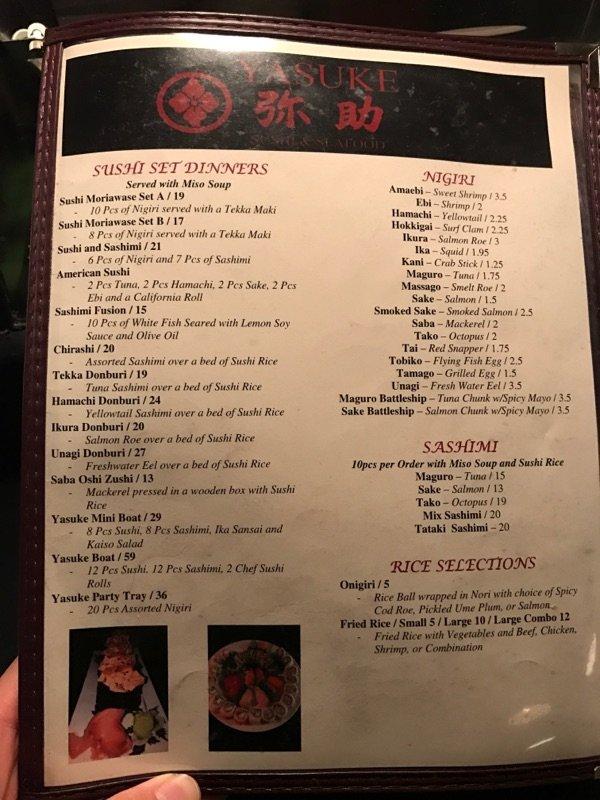 Menu at Yasuke Japanese Sushi restaurant, McAllen