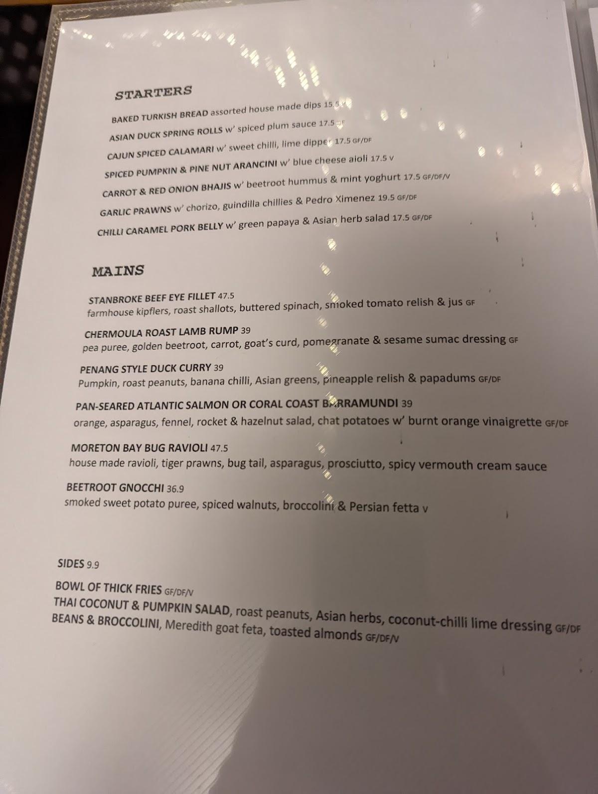 Menu at Gip's Restaurant, Toowoomba City