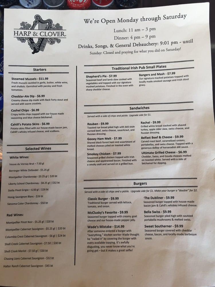 Menu at Harp & Clover, "The Clover" pub & bar, Gadsden