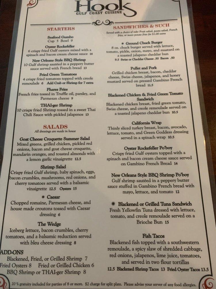 Menu at Hook Gulf Coast Cuisine restaurant, Pass Christian