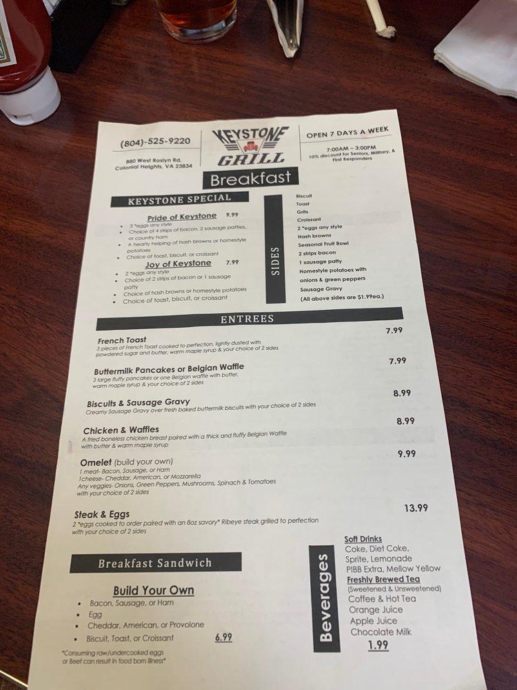Menu at Keystone Grill restaurant, Colonial Heights