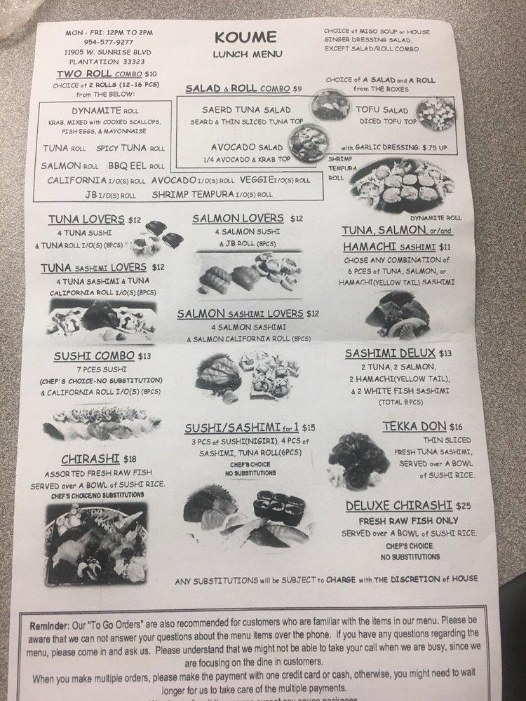 Menu at Koume Japan restaurant, Plantation