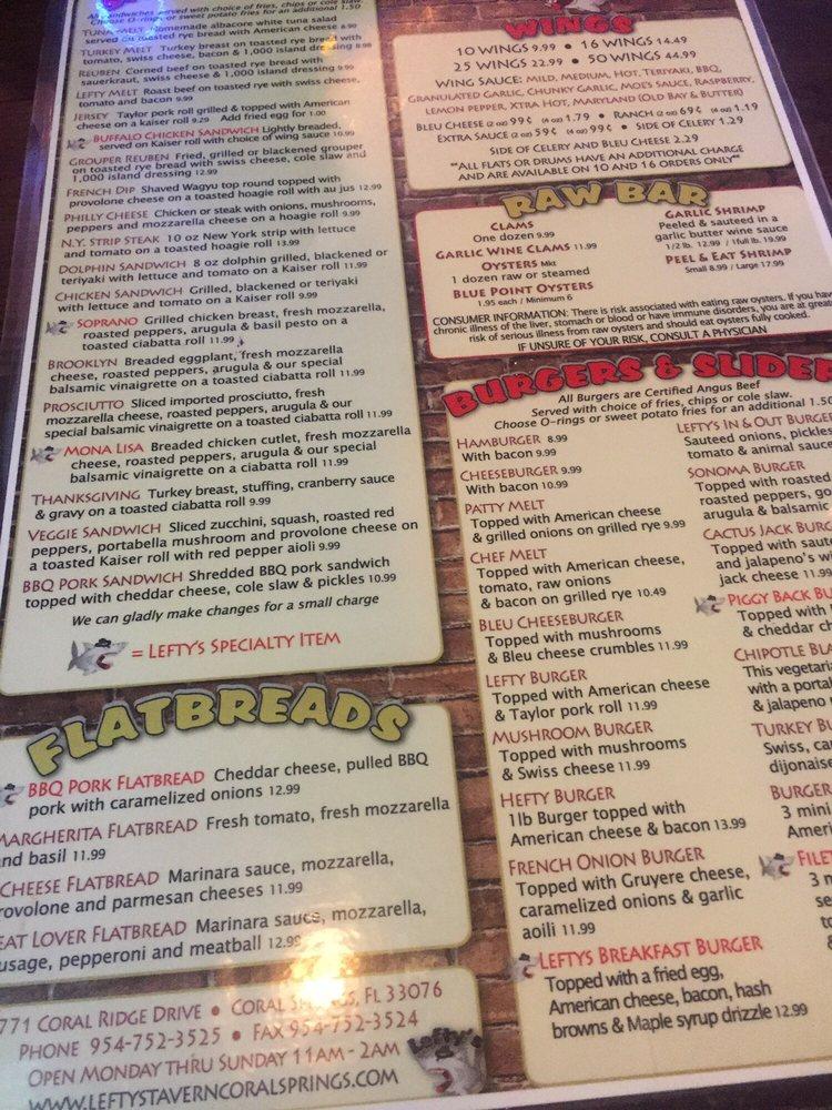 Menu at Lefty's Tavern & Grill pub & bar, Coral Springs