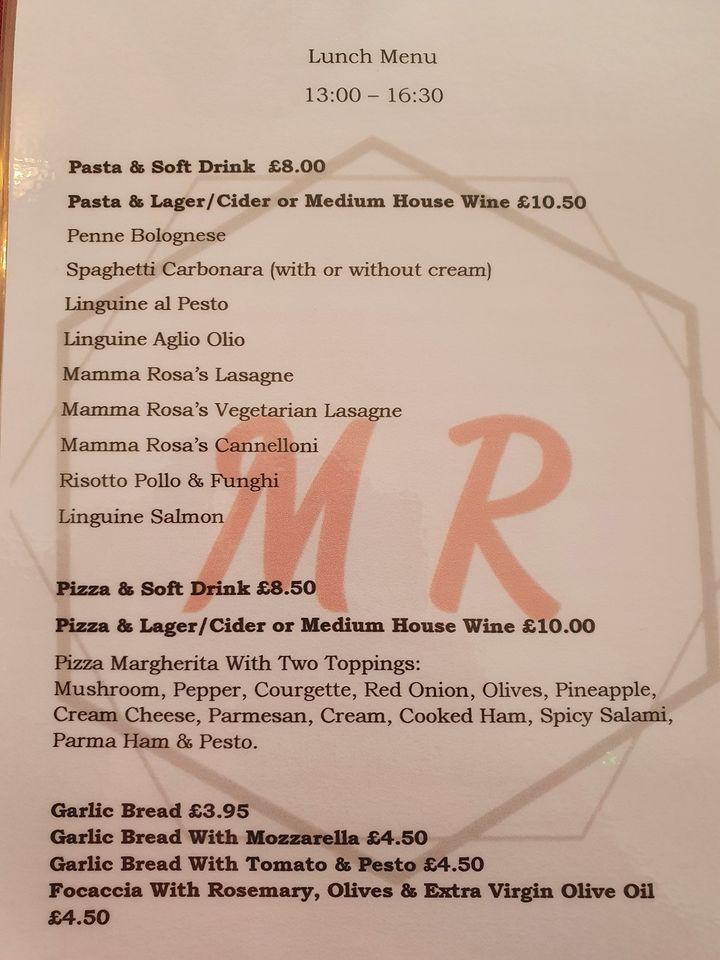 Menu at Mamma Rosa restaurant, Llandudno