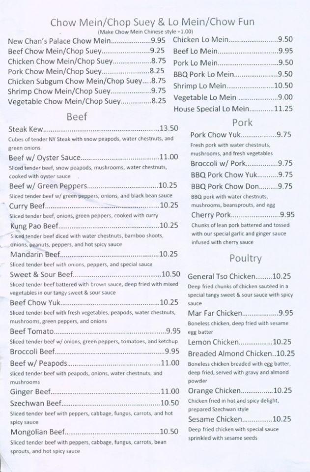 Menu at New Chan's Palace restaurant, Eagle Point