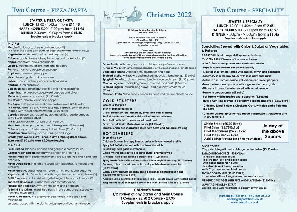 Menu at Portofino restaurant, Hartlepool
