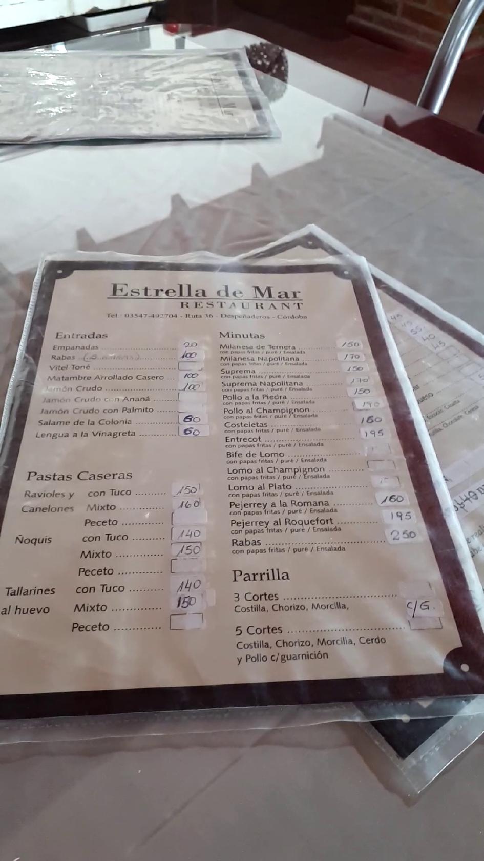 Carta de Restaurante Estrella De Mar, Despeñaderos