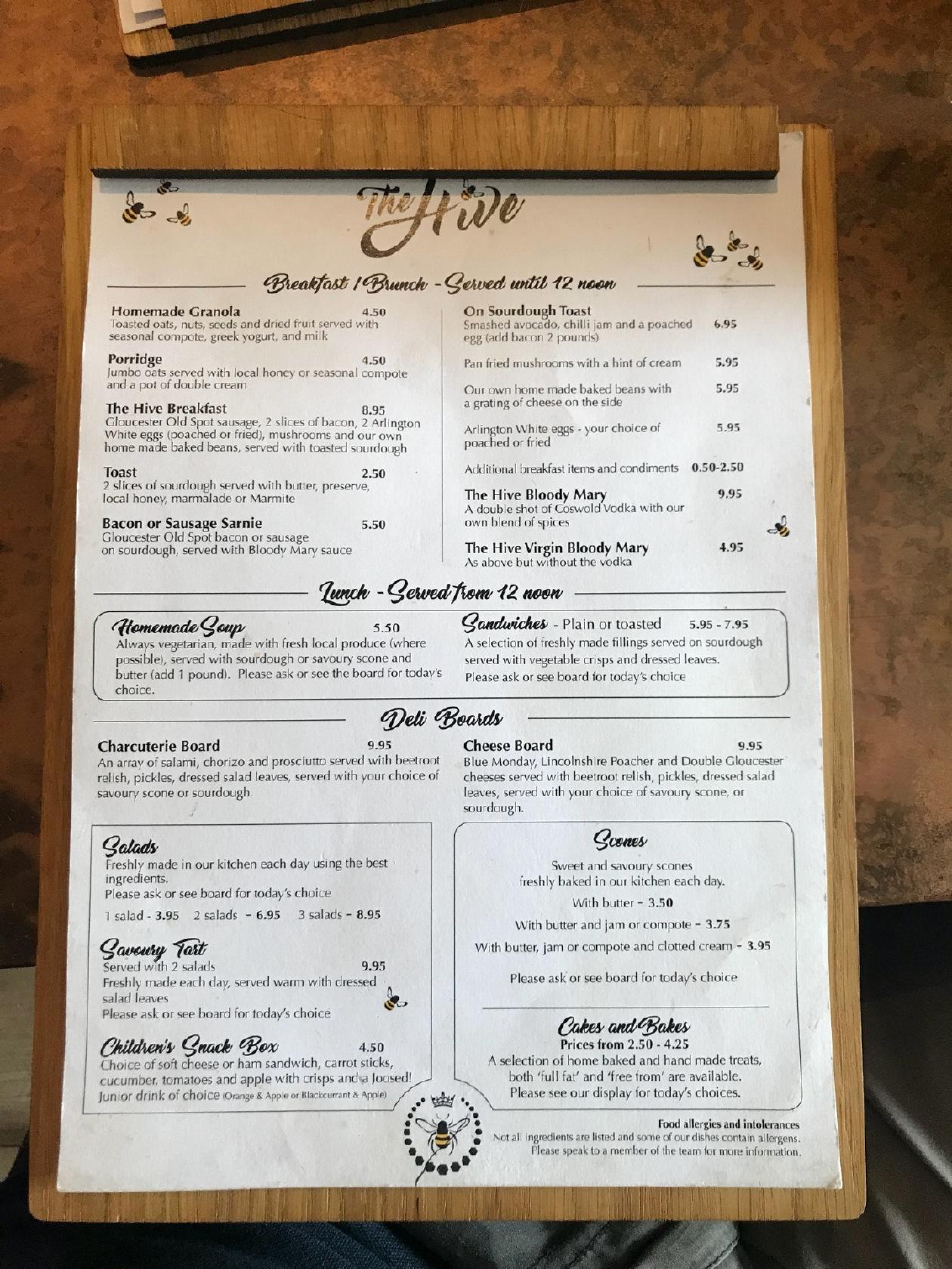 Menu at The Hive cafe, Stow-on-the-Wold