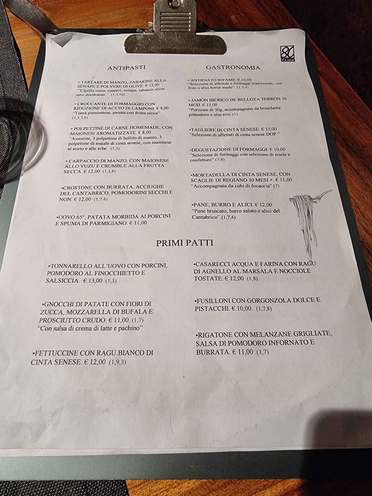 Menu at 80 Fame restaurant, Civitavecchia