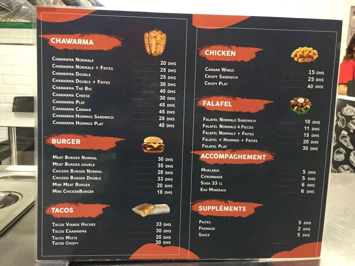 Menu au Chawarma Canaan restaurant, Mohammedia