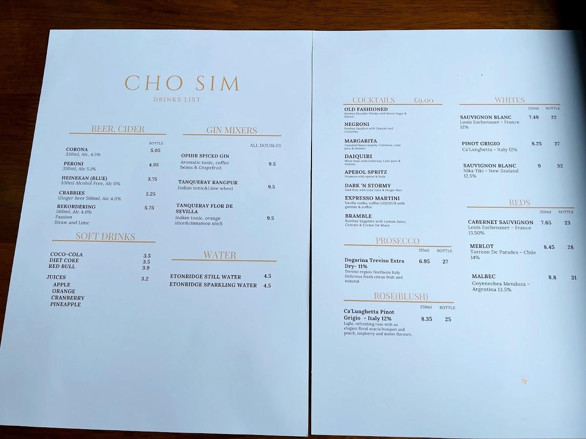 Menu at CHO SIM restaurant, London