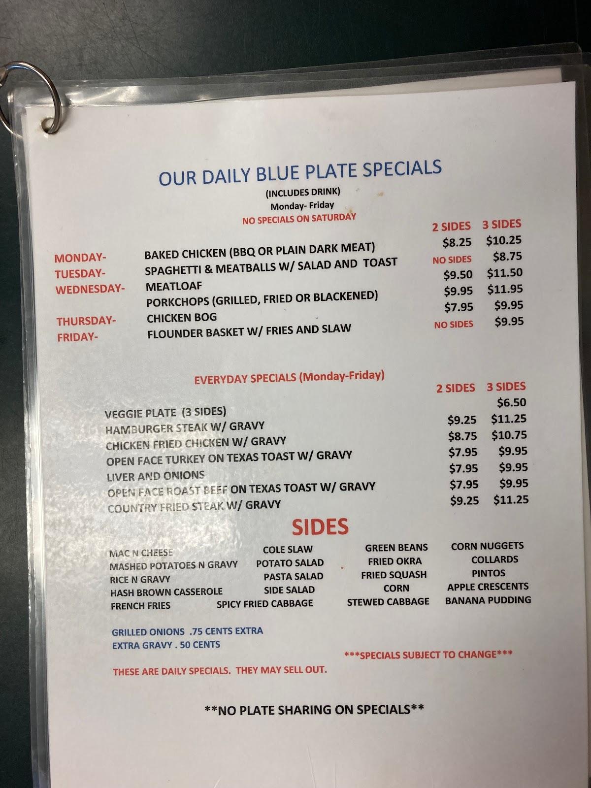 Menu at Curley's Cafe, Little River
