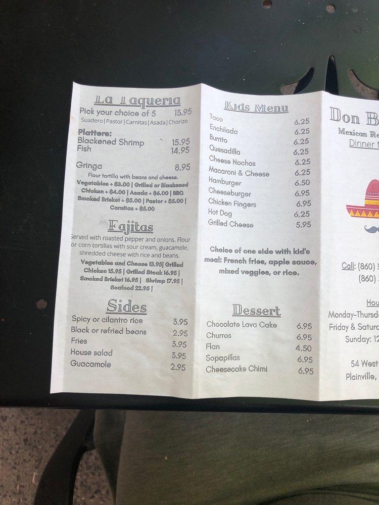 Menu at Don Bigote Mexican Restaurant, Plainville