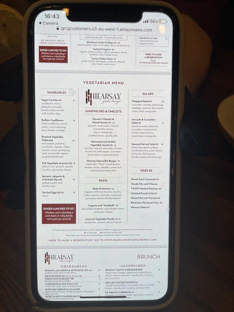 Menu at Hearsay On The Waterway restaurant, The Woodlands