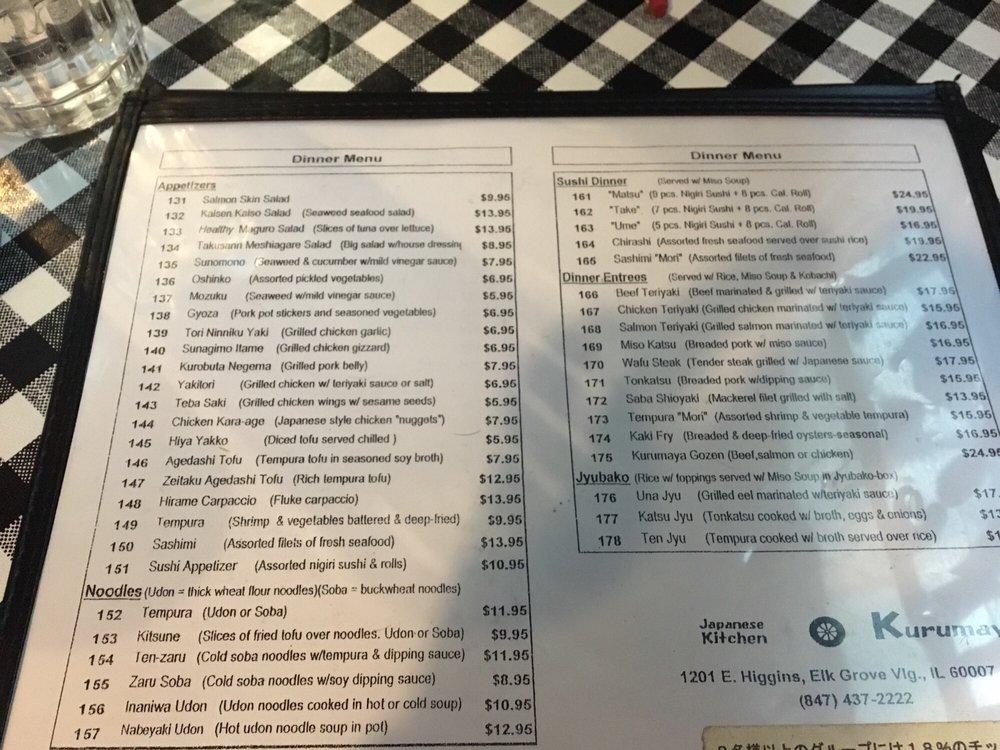 Menu at Kurumaya Japanese Restaurant, Elk Grove Village