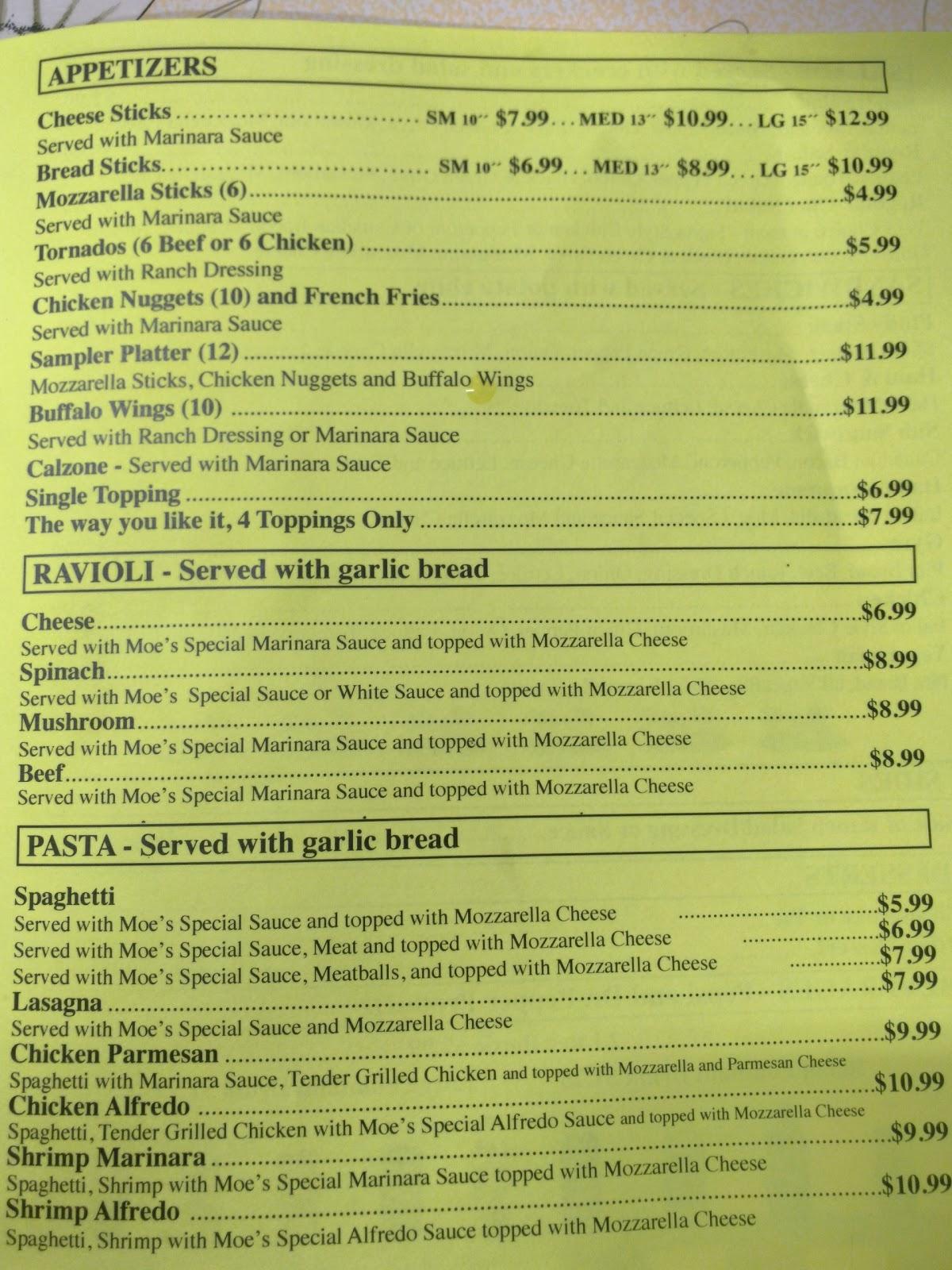 Menu at Moe's Pizza pizzeria, White Oak