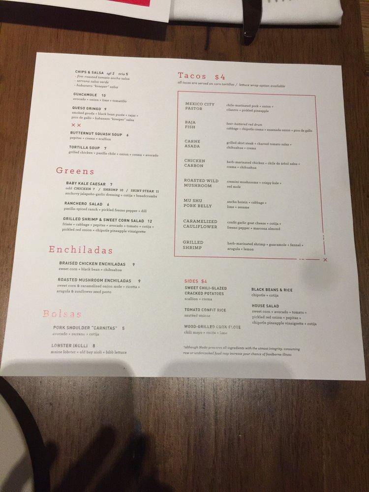 Menu at Nada restaurant, Nashville