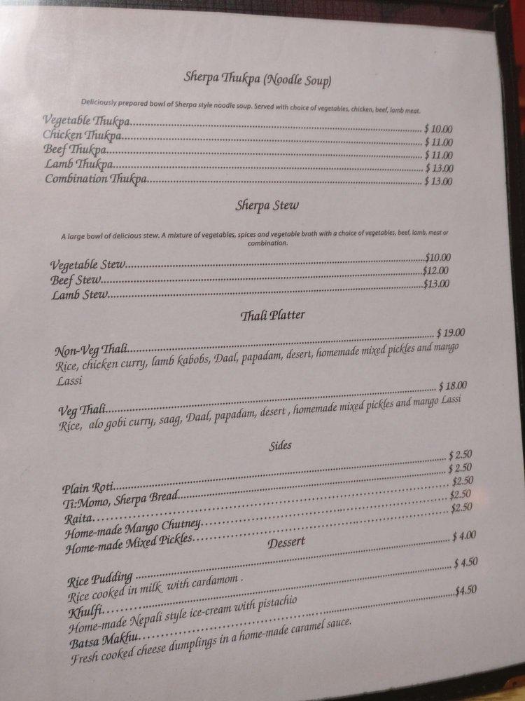 Menu at Sherpa Kitchen restaurant, Burlington