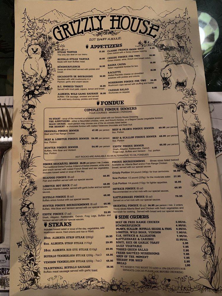 Menu at The Grizzly House restaurant, Banff