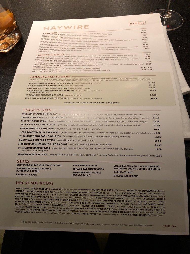 Menu at Haywire restaurant, Plano