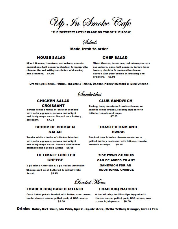 Menu at Up in Smoke BBQ Cafe / Boots & Brew, Monteagle