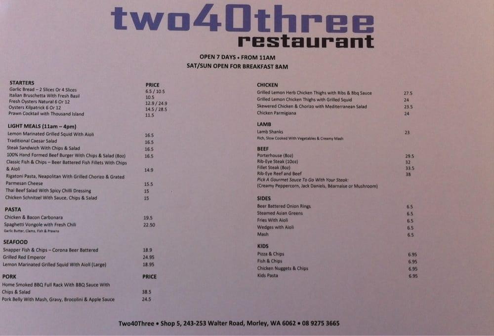 Menu at two40three Bar & Grill, Morley