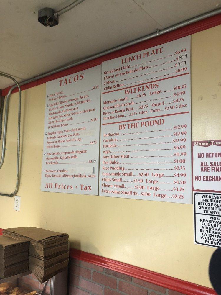 Menu at Alamo Tamale & Taco restaurant, Houston, Navigation Blvd