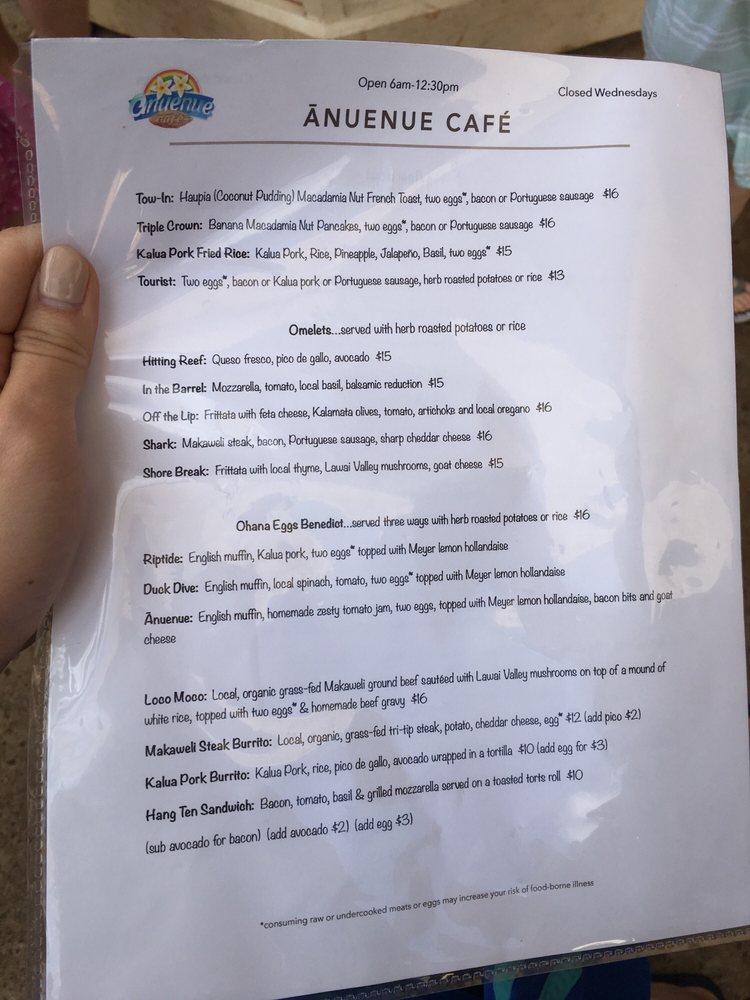 Menu at Anuenue Cafe, Koloa
