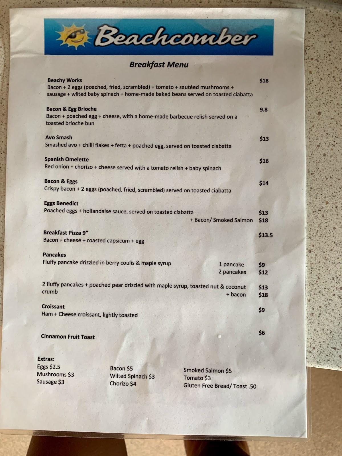 Menu at Beachcomber fast food, Coffin Bay