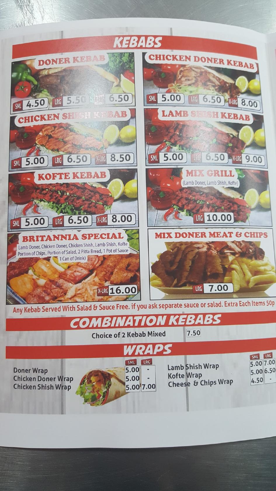 Menu at Britannia (Swindon), Swindon