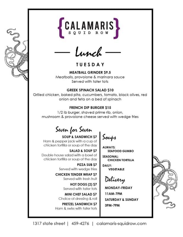 Menu at Calamari's Squid Row pub & bar, Erie