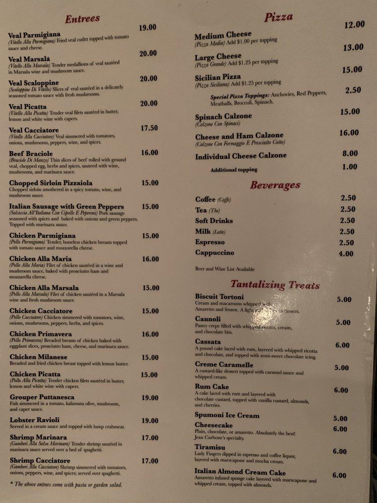 Menu at Casa Carbone Ristorante Italiano restaurant, Raleigh