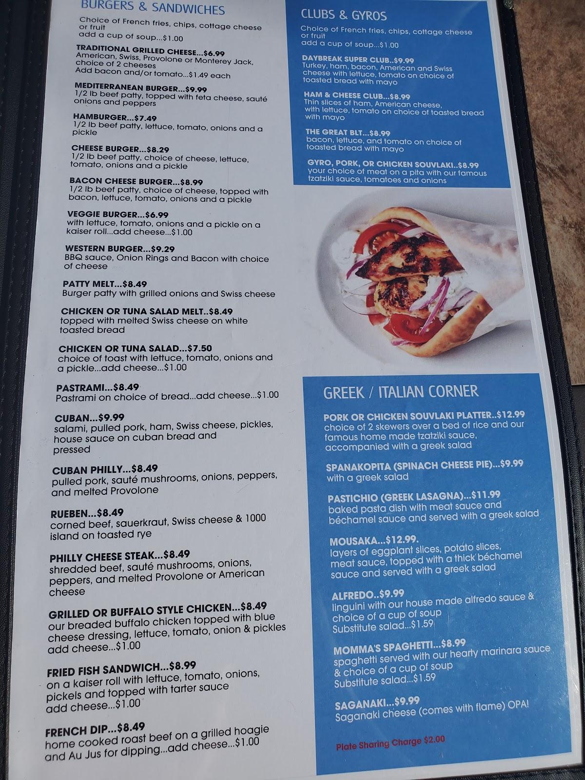 Menu at Daybreak Cafe, Tarpon Springs