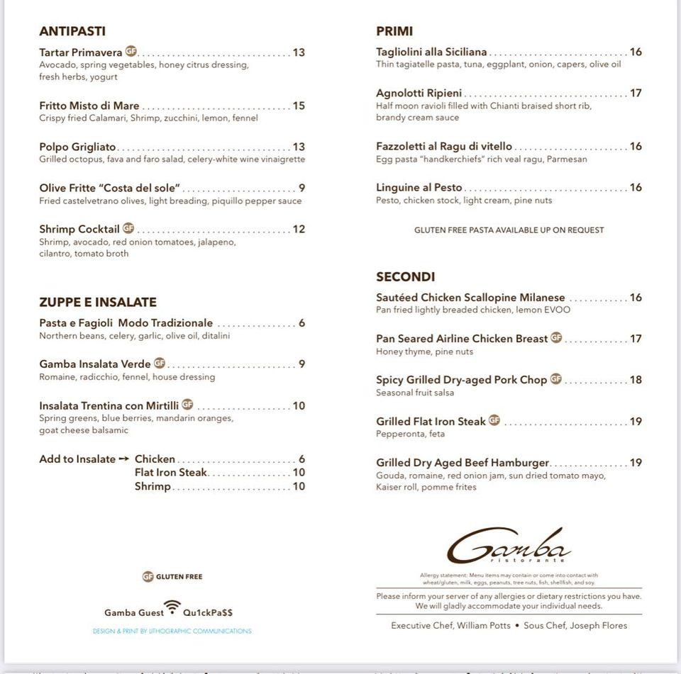 Menu at Gamba Ristorante steakhouse, Merrillville