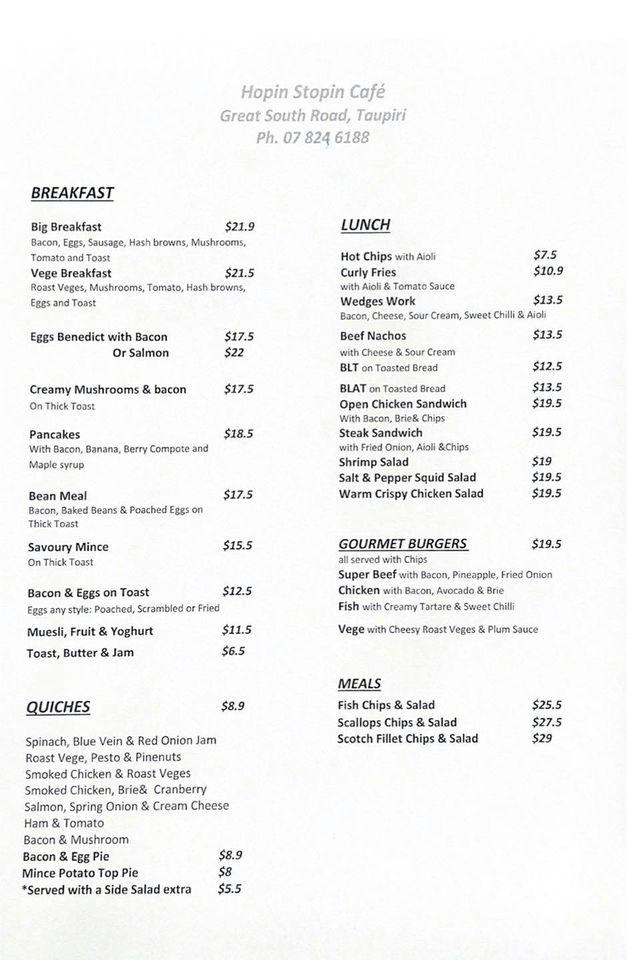 Menu at Hopin Stopin Cafe, Taupiri