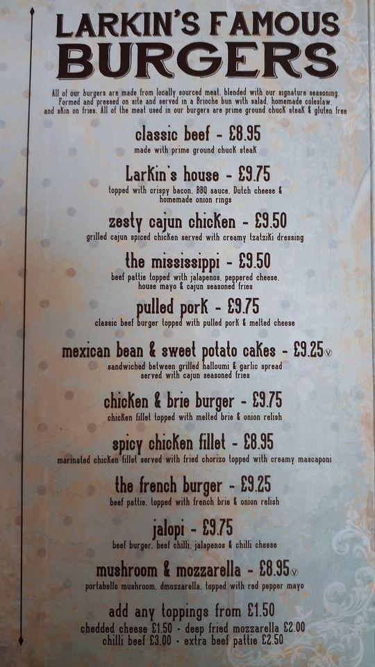 Menu at Larkin's Bar, Hull