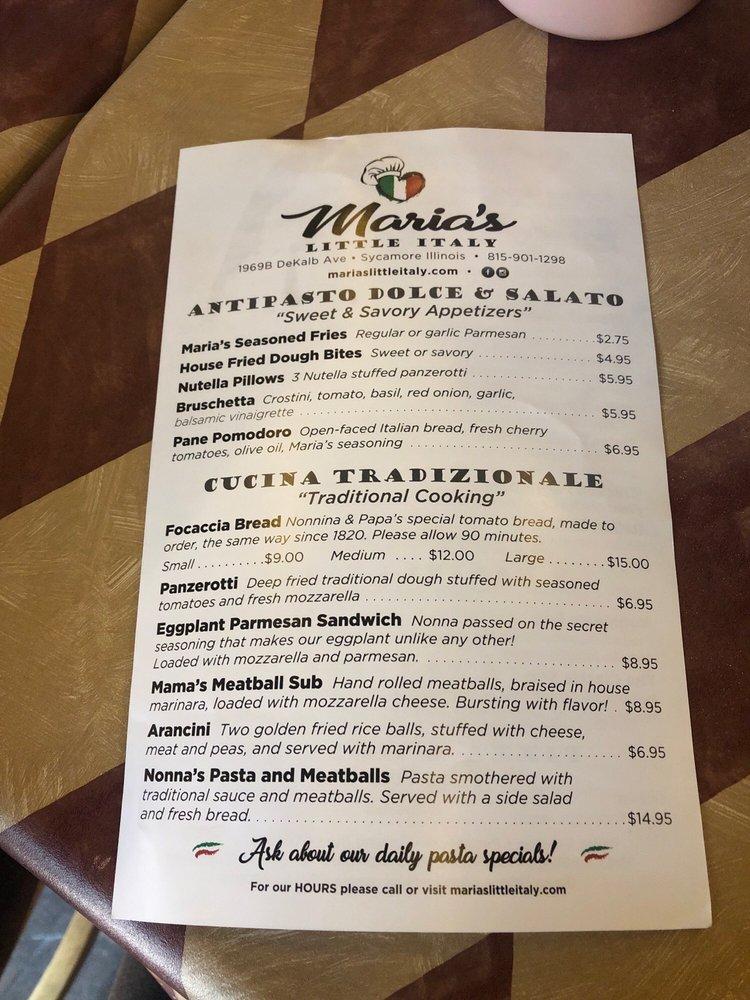 Menu at Maria's Little Italy restaurant, Sycamore, Dekalb Ave B