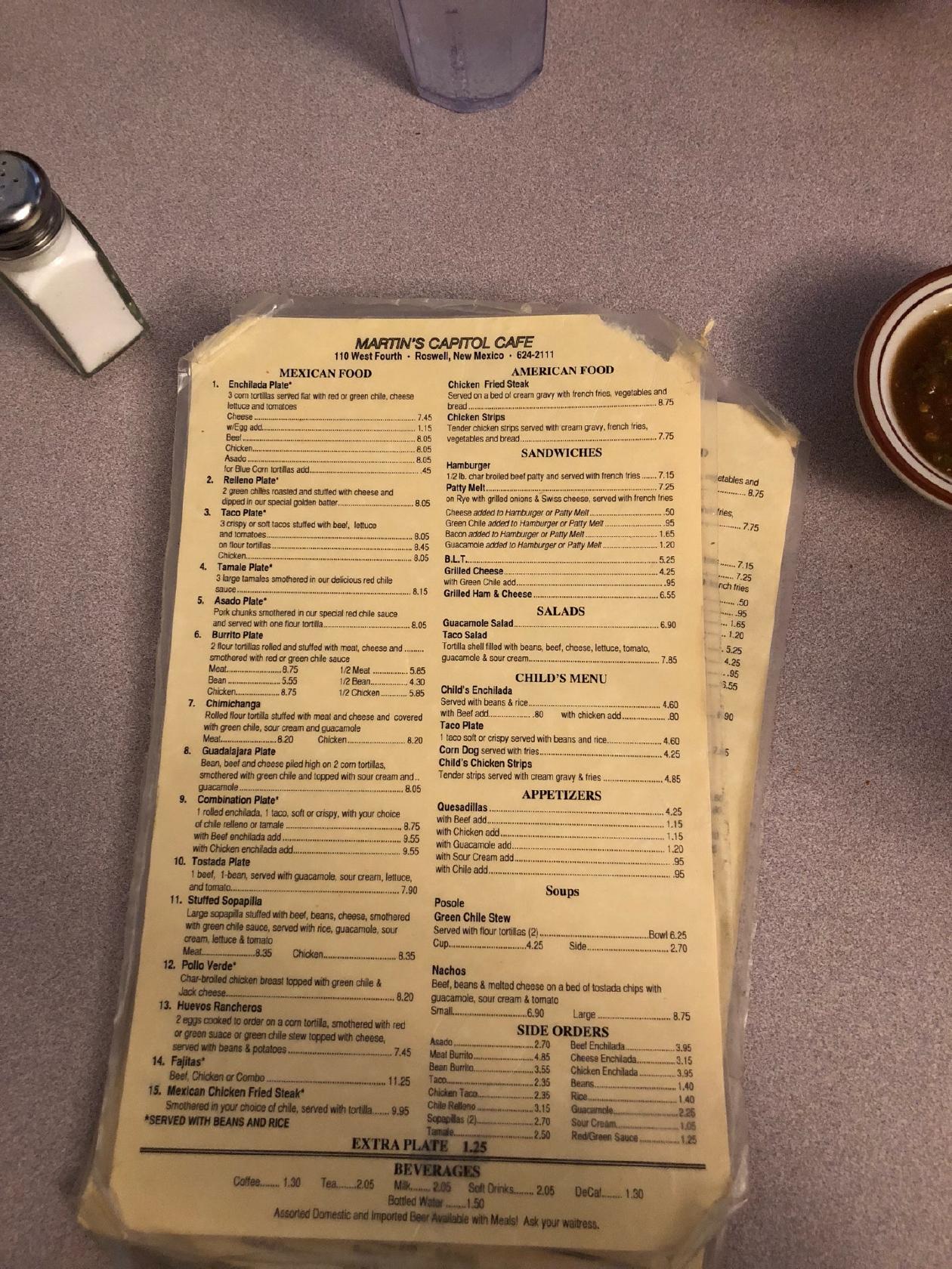 Menu at Martin's Capitol Cafe, Roswell