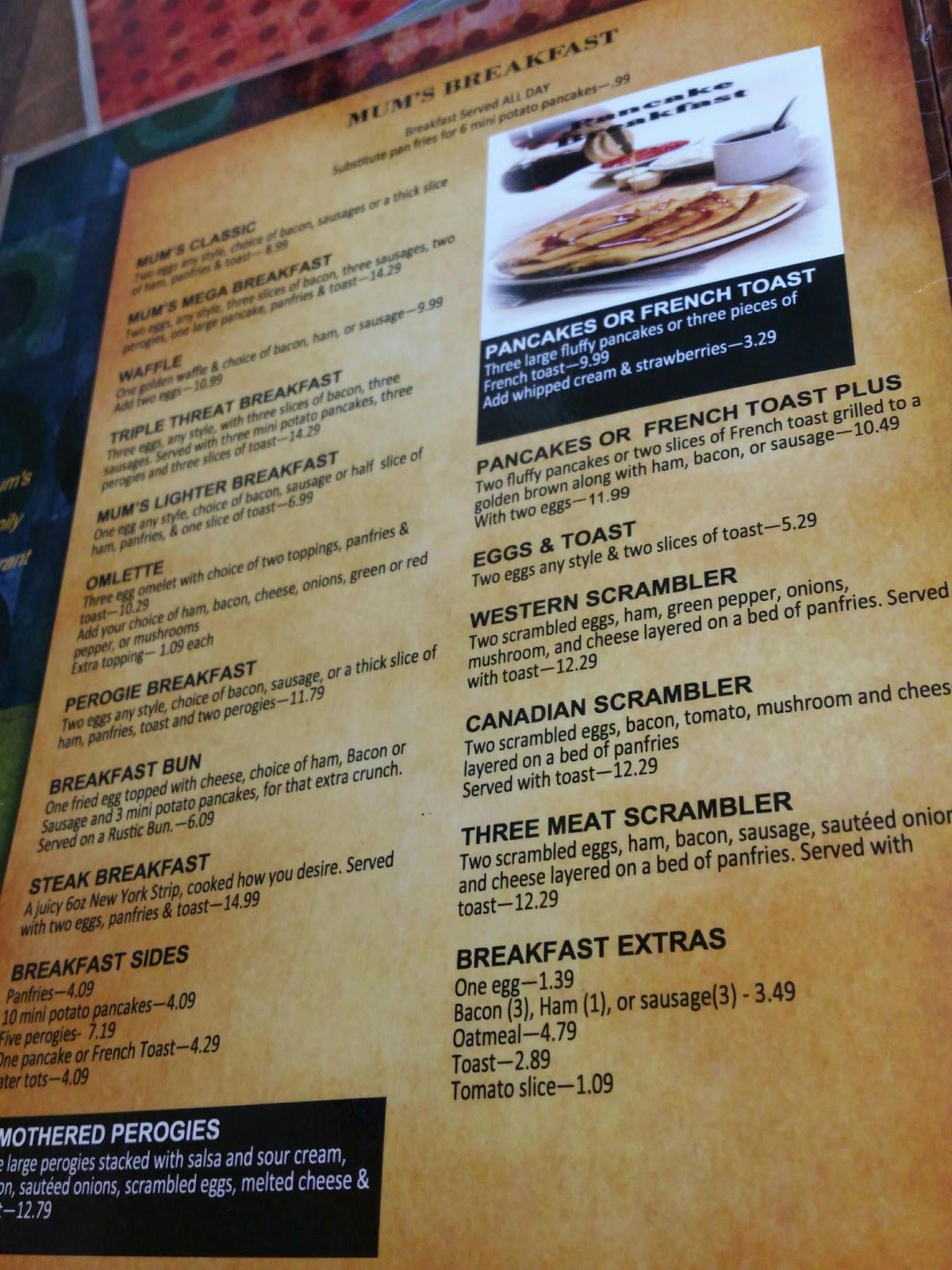 Menu at Mum's Family Restaurant, Brandon