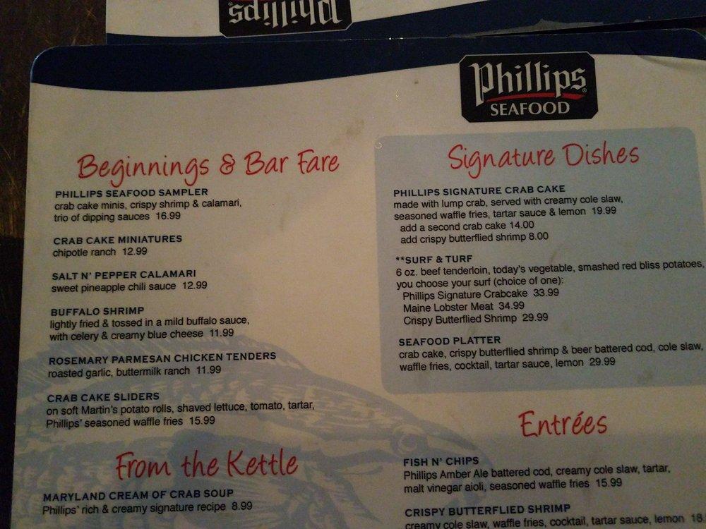 Carta del restaurante Phillips Seafood, Charlotte