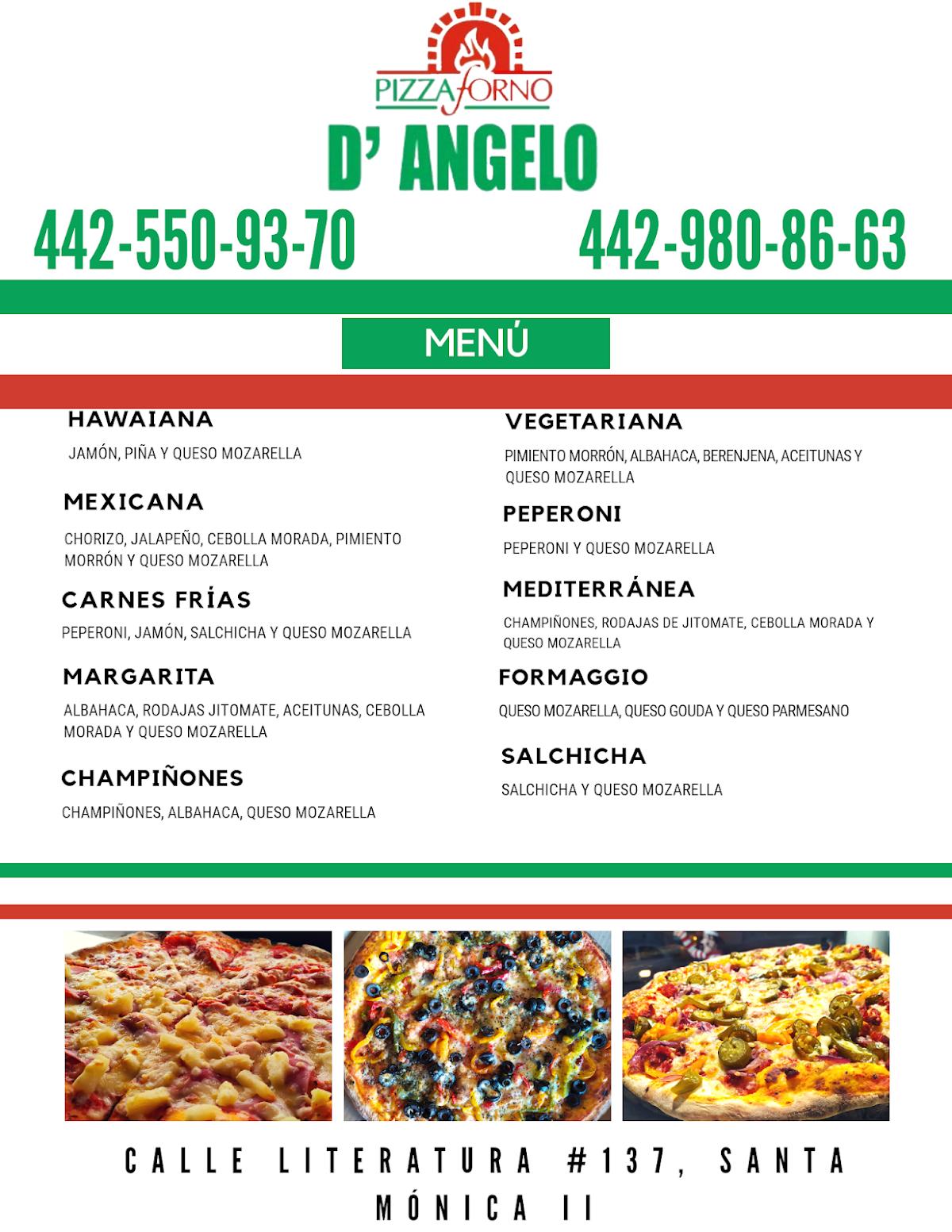Menu at PizzaForno D' Angelo restaurant, Santiago de Querétaro