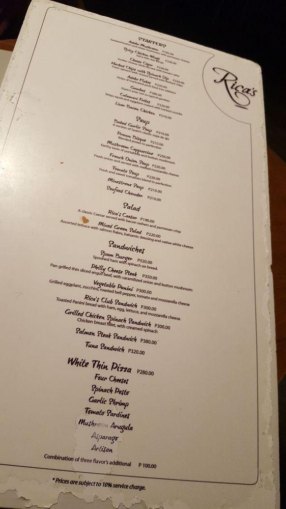 Menu at Rica's restaurant, Cebu City, Paseo Saturnino