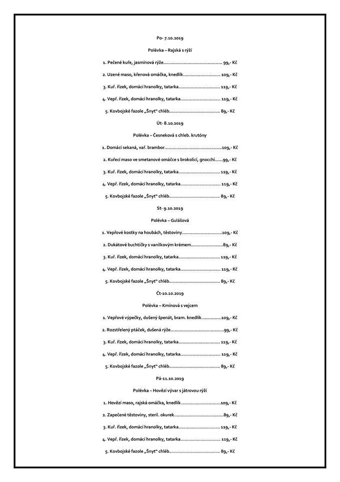 Menu at Šnyt Brno restaurant, Brno
