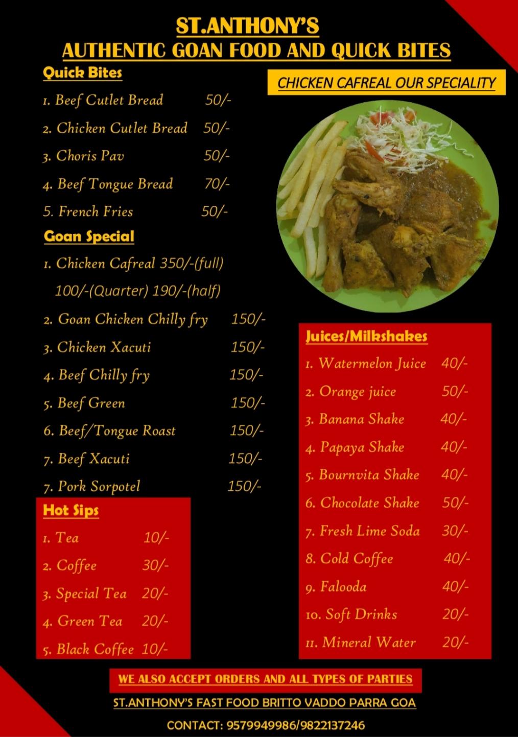 Menu at St.Anthony's Goan food, Parra